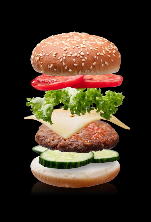 Hamburger Ingredients on Black Background Stock Image - Image of ...