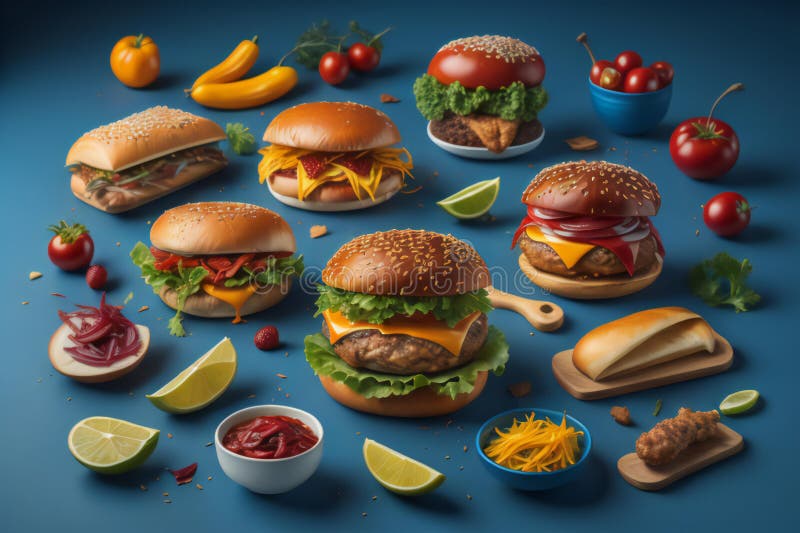 Hamburger Ingredients on Blue Background. Concept of Fast Food Stock ...