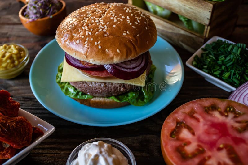 Hamburger and Ingredients in Composition Stock Photo - Image of ...