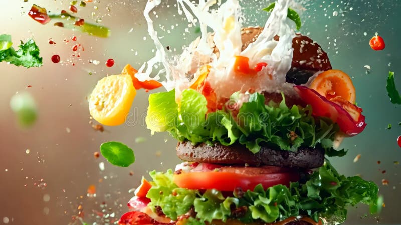 A Hamburger with Lettuce, Tomato, Cheese, and Tomato Slices Falling Out ...