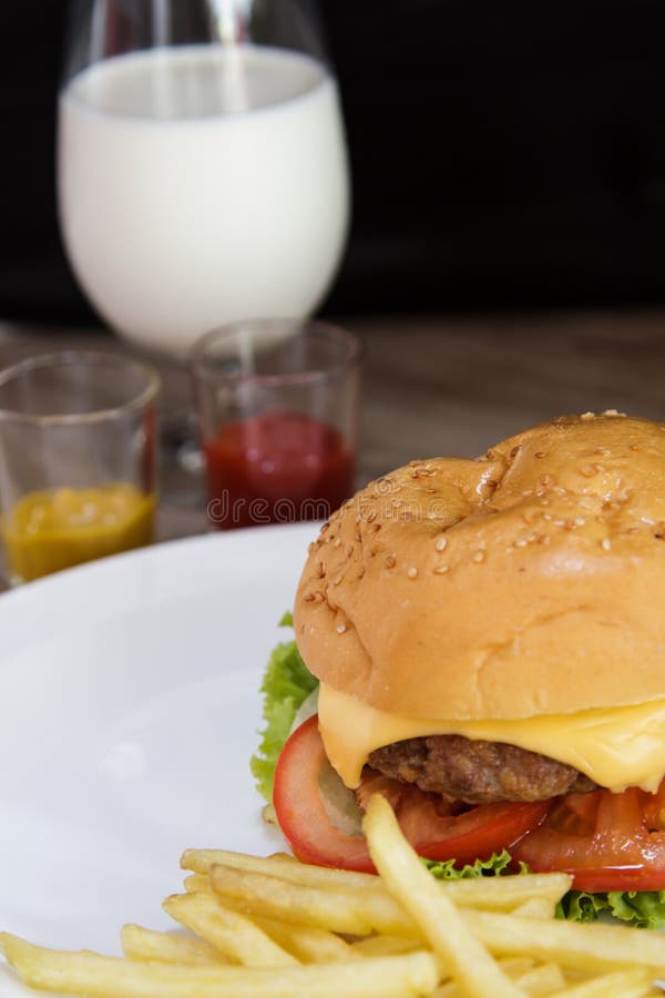 Hamburger and milk stock photo. Image of pork, focus - 33085854