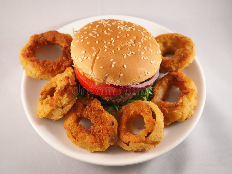 Hamburger and onion rings stock image. Image of meat - 89268761