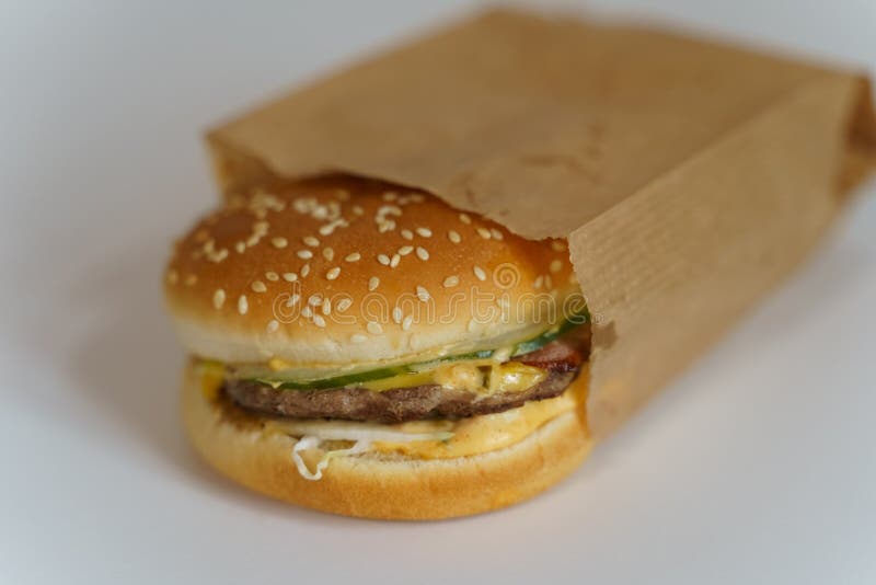 Hamburger On A Paper Plate On The Wooden Background. Food Delivery And ...