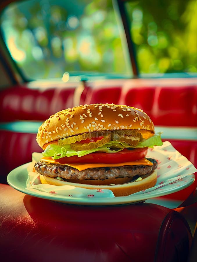 A hamburger on a plate stock photo. Image of baked, paper - 323937326