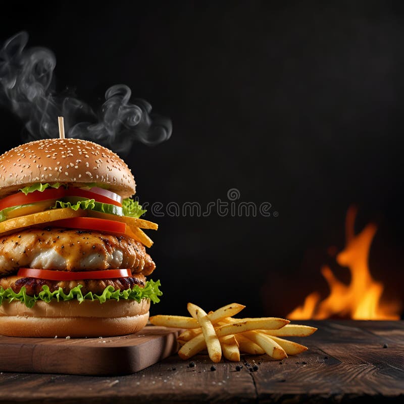 Hamburger in Restaurant Kitchen with Fire on Background Stock ...