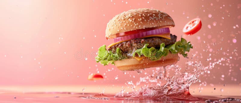 Hamburger, Rising, Bullet Shot, Solid Pastel Background Stock Photo ...