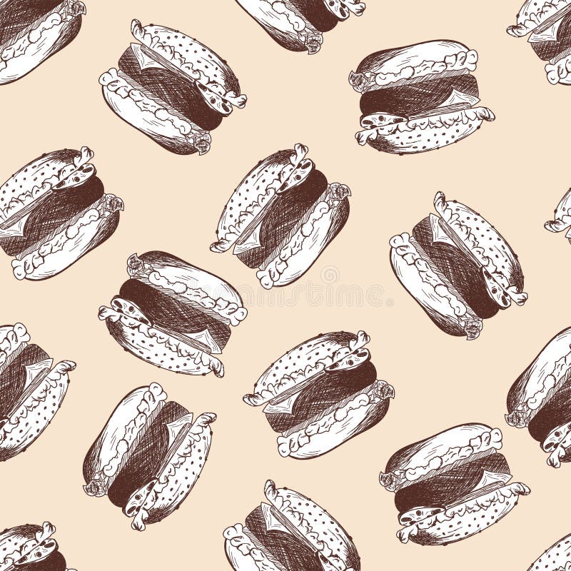 Hamburger Seamless Pattern Fast Food Vector Bakery Baked Meat Icon ...