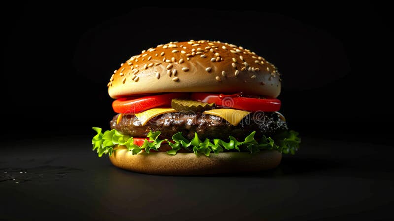 A Hamburger is Shown on a Black Background Stock Image - Image of ...