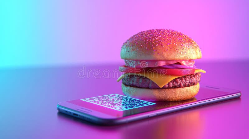 Innovative Hamburger Displayed on a Smartphone with QR Code Against a ...