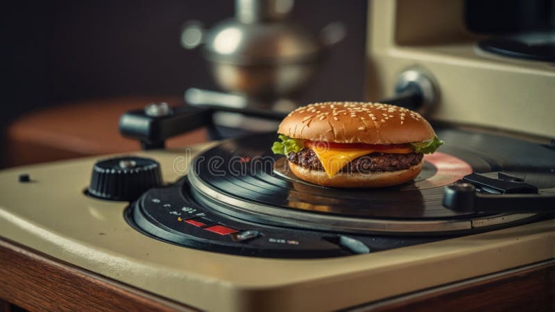 A Hamburger Sits on a Vintage Record Player, Blending Food and Music in ...