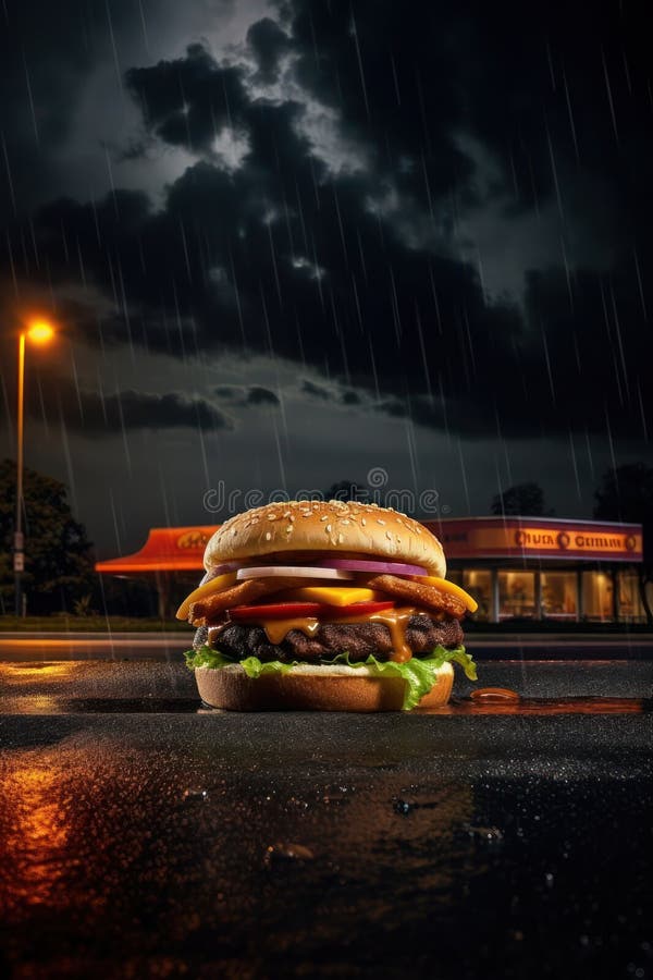 Hamburger Sitting in the Rain on a City Street, Created by Generative ...