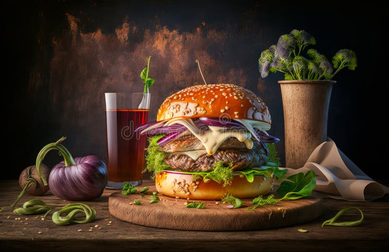Hamburger Sitting on Top of Wooden Cutting Board. Generative AI Stock ...