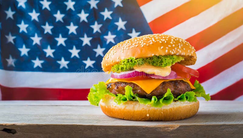Hamburger on a Table in Front of U.S. Flag. Stock Illustration ...