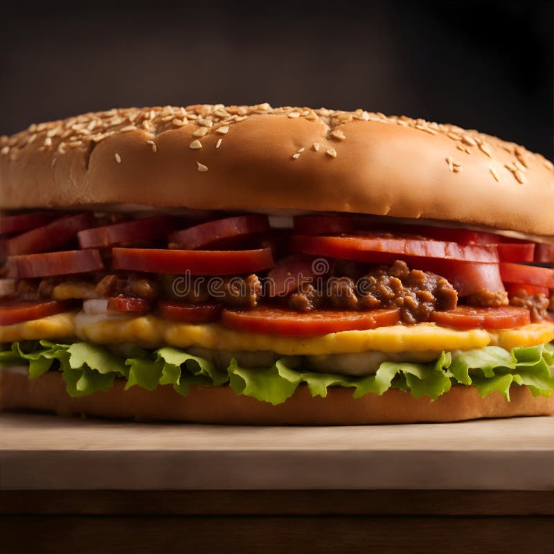 Hamburger on a Table, Large Delicious Sandwich with Fresh Vegetables ...