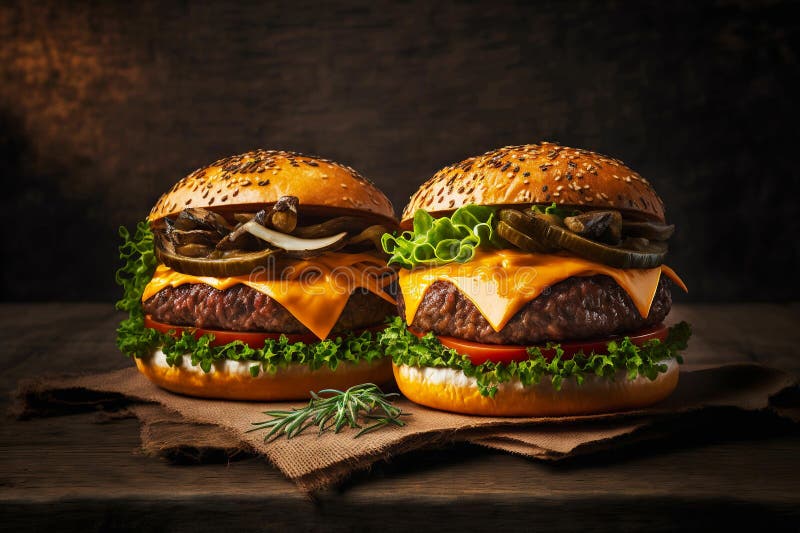 Hamburger with Thick Beef Burger Set on Wooden Table Stock Illustration ...