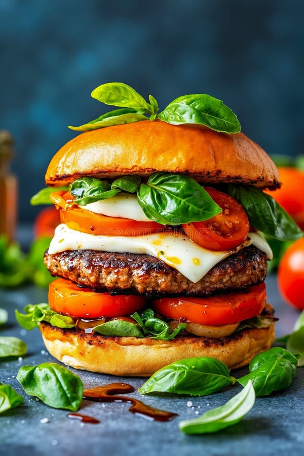 A Hamburger with Tomatoes, Mozzarella and Basil on a Bun Stock Photo ...