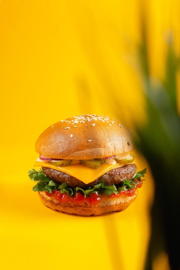 Hamburger on a Yellow Background Stock Photo - Image of cheese, fast ...