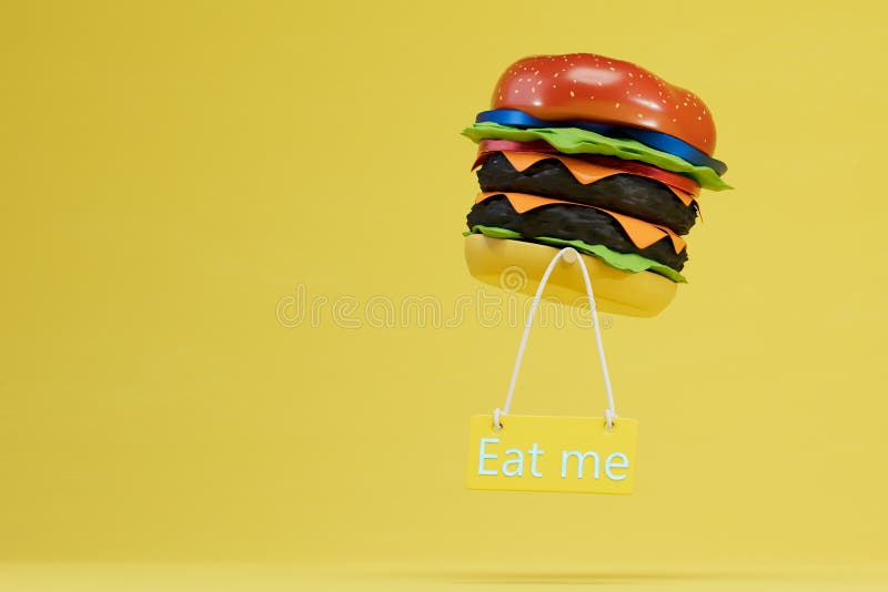 A Hamburger on a Yellow Background with a Sign Eating Me Lit Up with ...