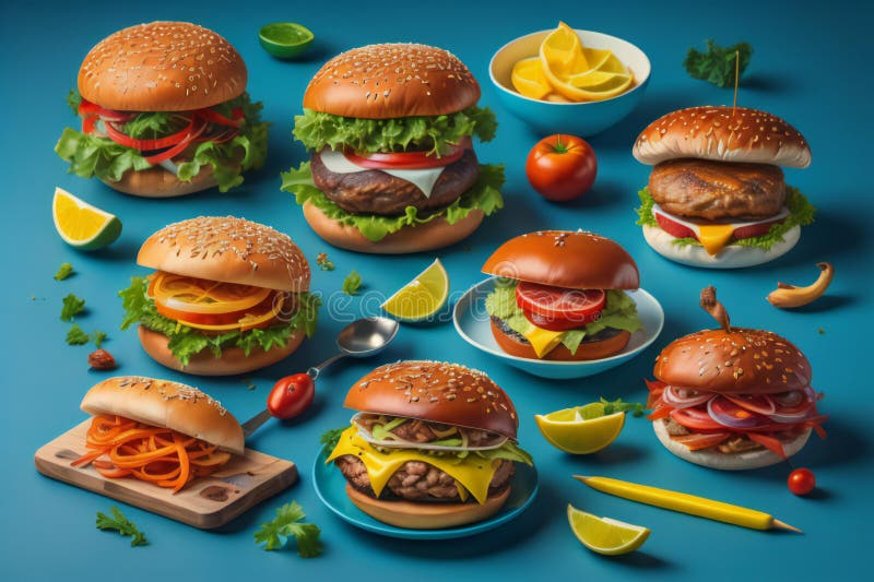 Hamburgers with Different Ingredients on Blue Background, Top View ... Hamburgers with Different Ingredients on Blue Background, Top View ...