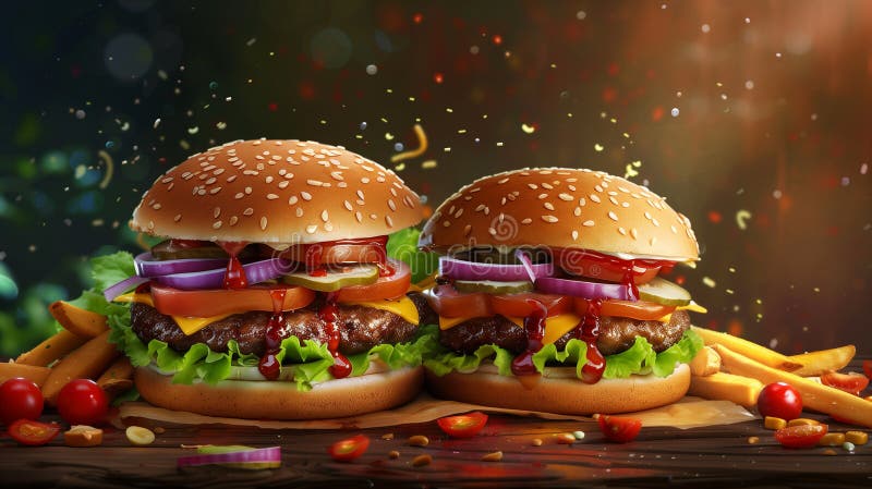 Hamburgers and Fast Food on the Table Background Stock Illustration ...