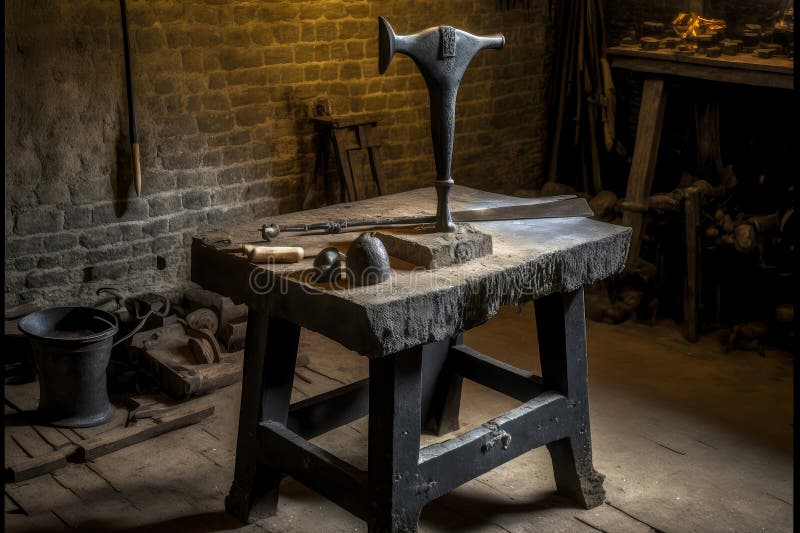 Hammer and Anvil on Stand on Table in Small Blacksmith Shop Stock ...
