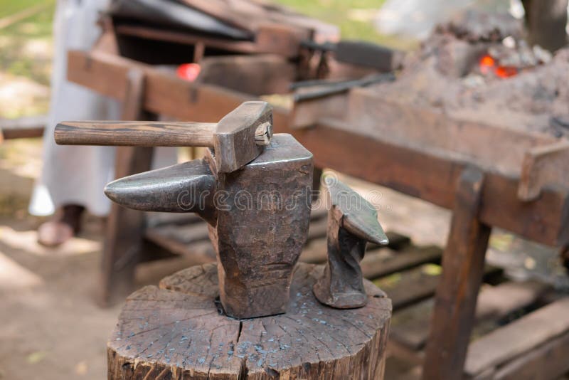 Hammer and Blacksmith Anvil at Outdoor Forge - Close Up Stock Image ...