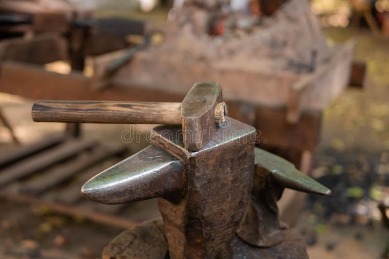 Hammer and Blacksmith Anvil at Outdoor Forge - Close Up Stock Image ...
