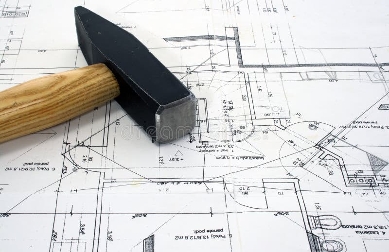 Hammer on a blueprint. stock image. Image of carpenter - 2983455
