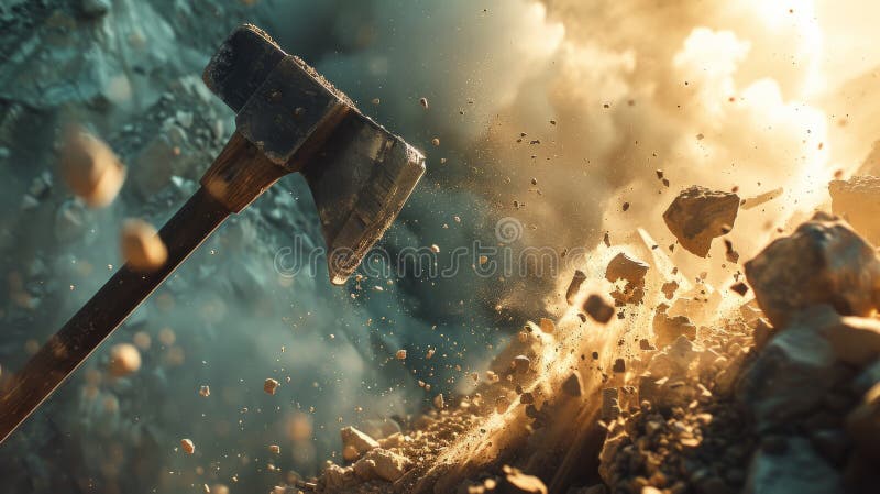 A Hammer Breaking through Rocks, Causing an Explosion of Debris. Stock ...