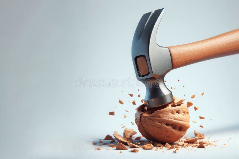 A Hammer Breaking a Walnut. Space for Text. Stock Image - Image of ...