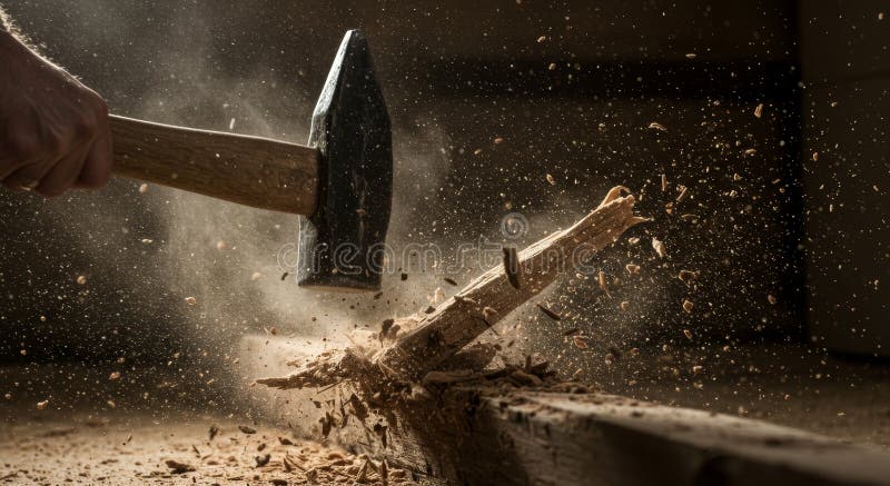 Hammer Breaking Wood a Powerful Hammer Strikes a Piece of Wood Sending ...