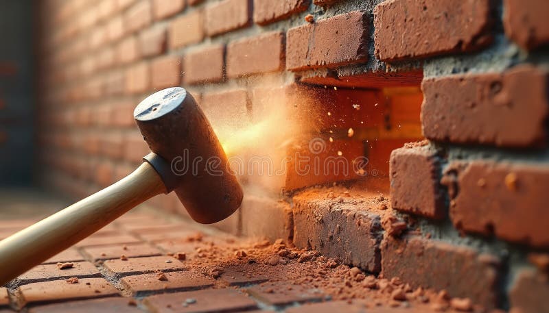Hammer Breaks Brick Wall, Creating Hole. Force, Power, Destruction ...