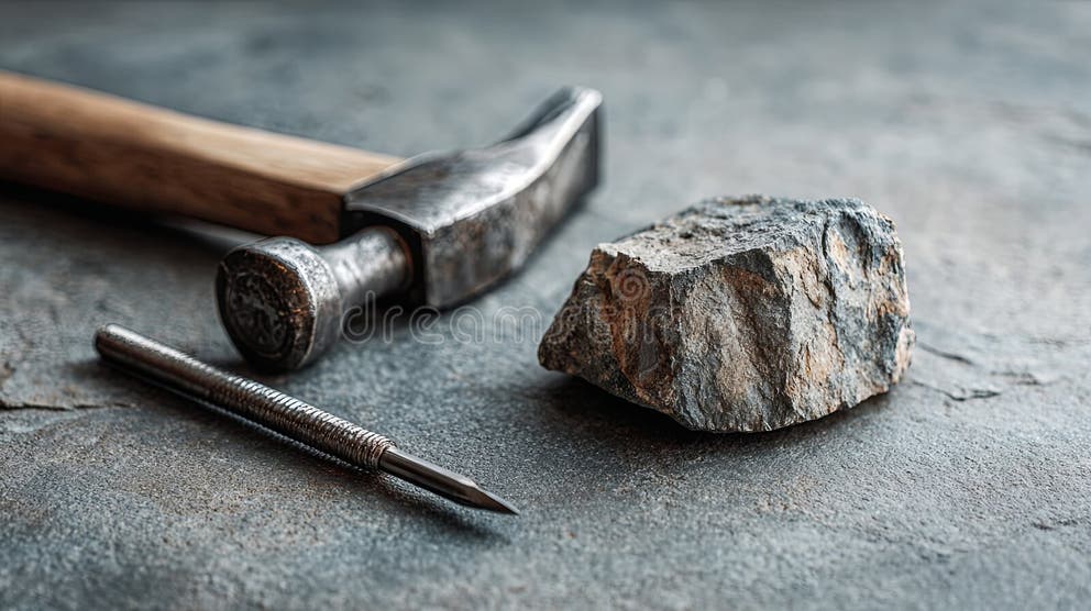 Hammer, Chisel, and Stone on Rustic Surface Stock Photo - Image of ...