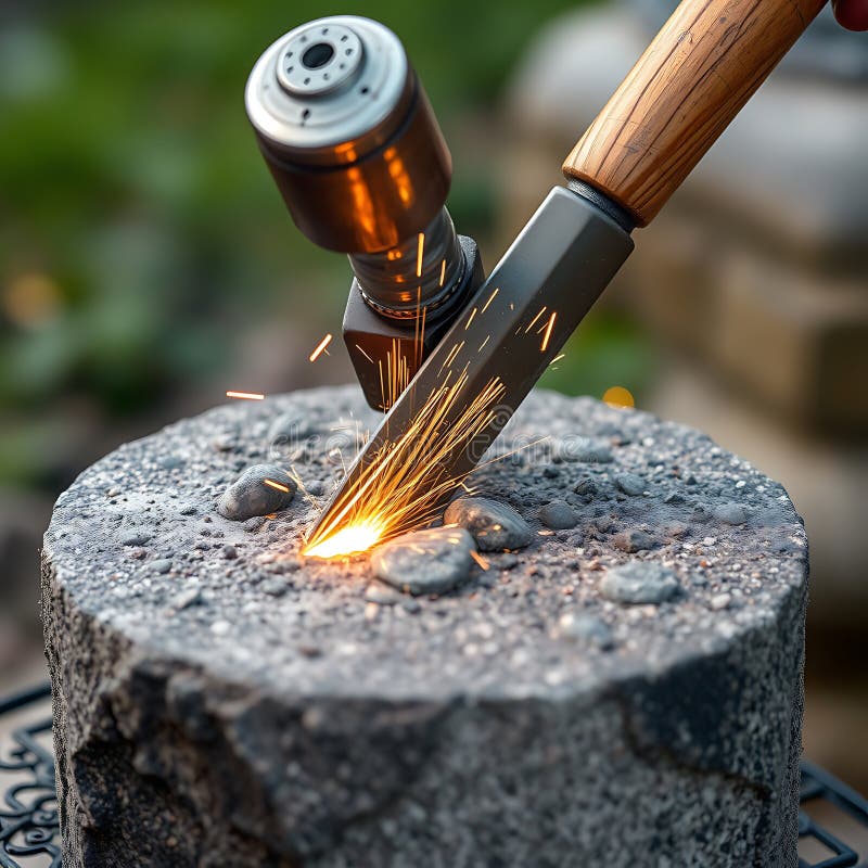 A Hammer and a Chisel in Use with Sparks and a Rough Stone Material ...