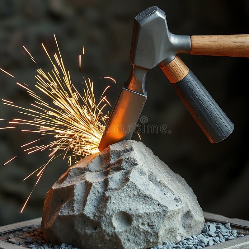 A Hammer and a Chisel in Use with Sparks and a Rough Stone Material ...