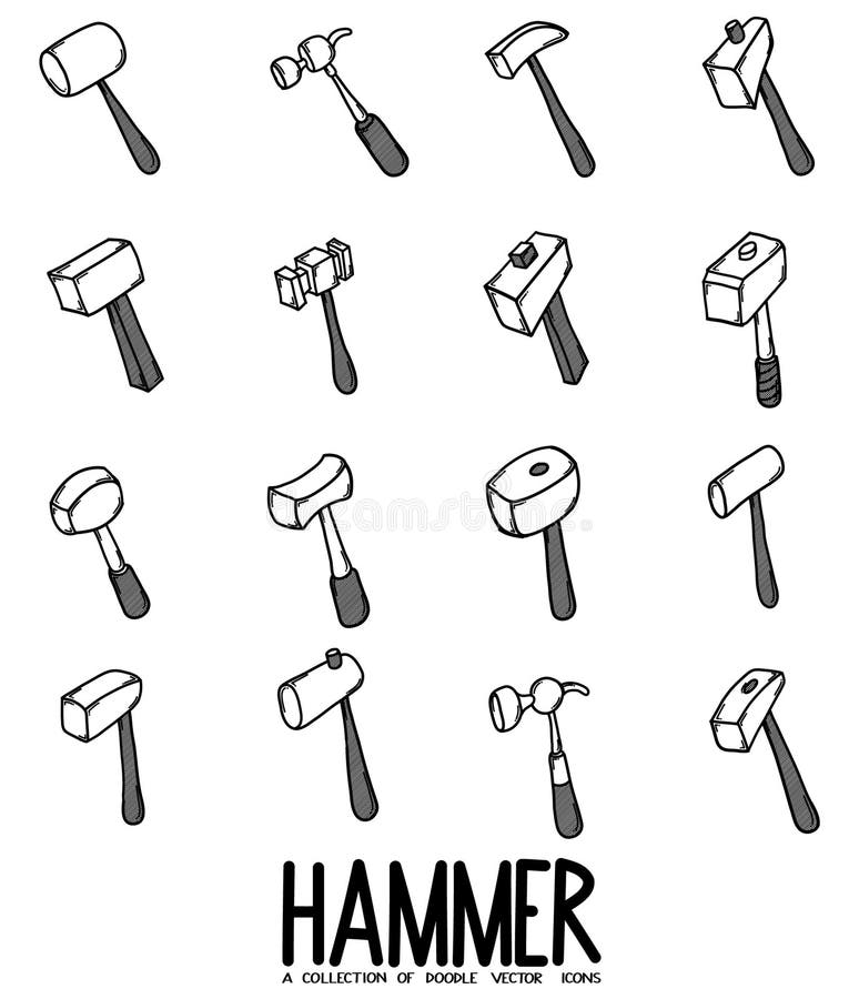 Hammer Doodle Vector Icon Set. Drawing Sketch Illustration Hand Drawn ...
