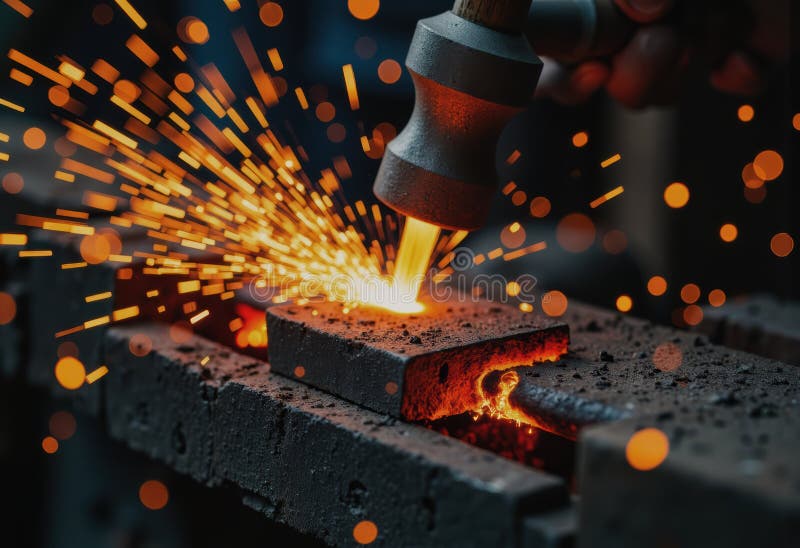 Hammer Forge Shaping Hot Metal into Tools, Creating Sparks and ...