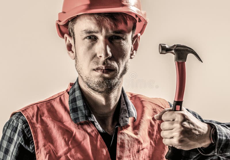 Hammer Hammering. Builder in Helmet, Hammer, Handyman, Builders in ...