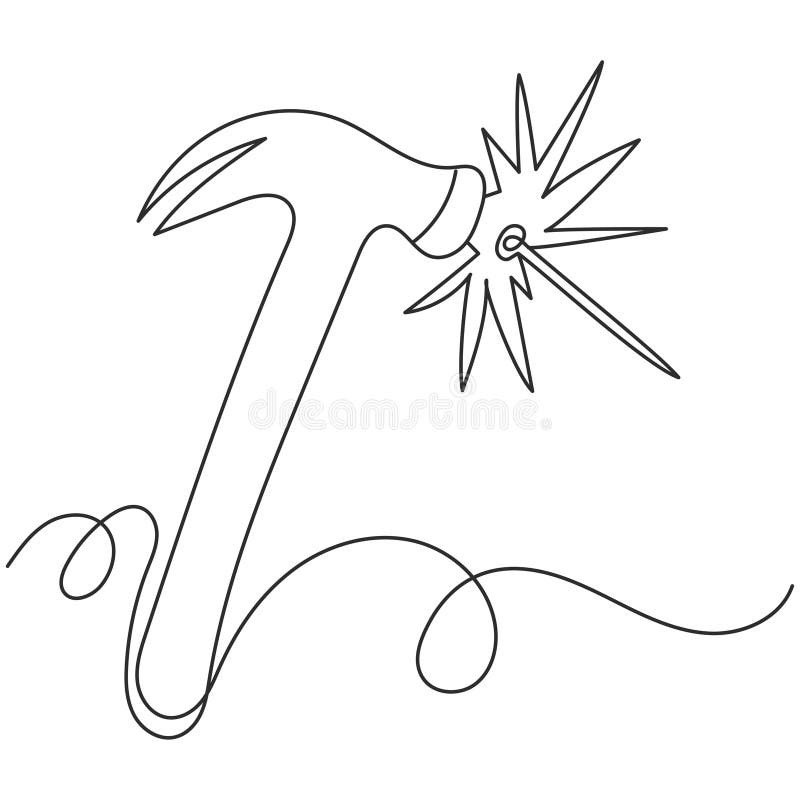 Hammer Hammering Nail Drawn in One Style. Vector Continuous Line of ...