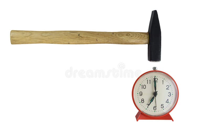 Hammer Hitting Alarm Clock , Isolated on White Stock Image - Image of ...