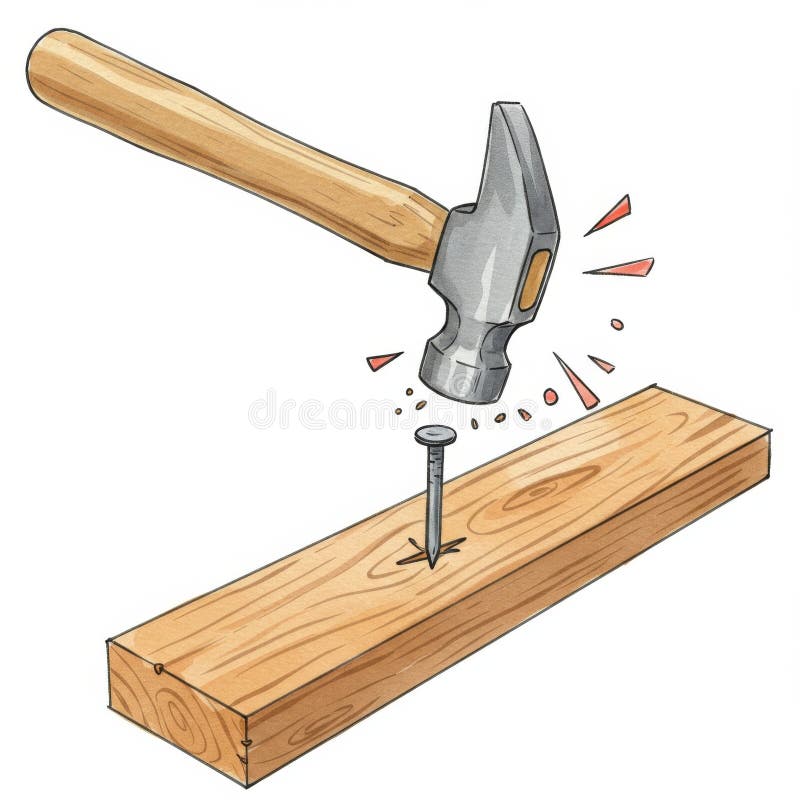 Hammer Hitting Nail into Wooden Plank Stock Illustration - Illustration ...