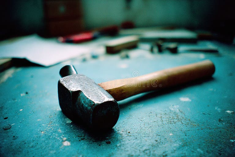 Hammer Lies on Workbench Surrounded by Tools and Materials in a ...