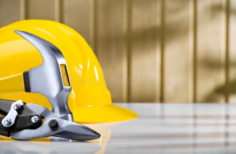 Composition of Helmet Blueprints Hammer and Cutter Stock Photo - Image ...