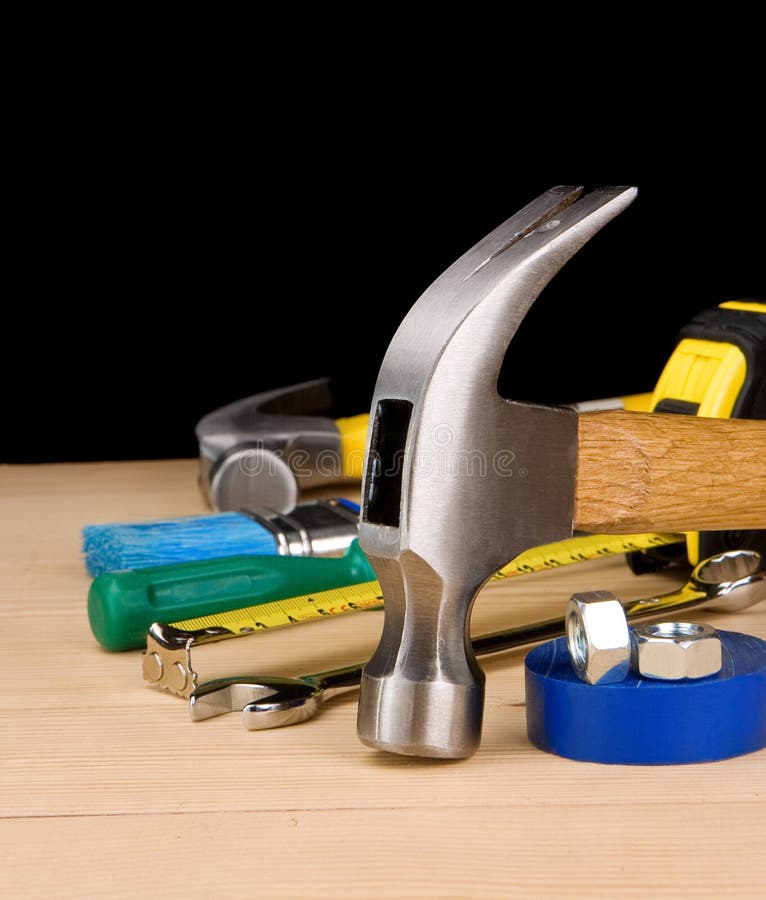 Hammer and Other Construction Tools on Wood Stock Image - Image of ...