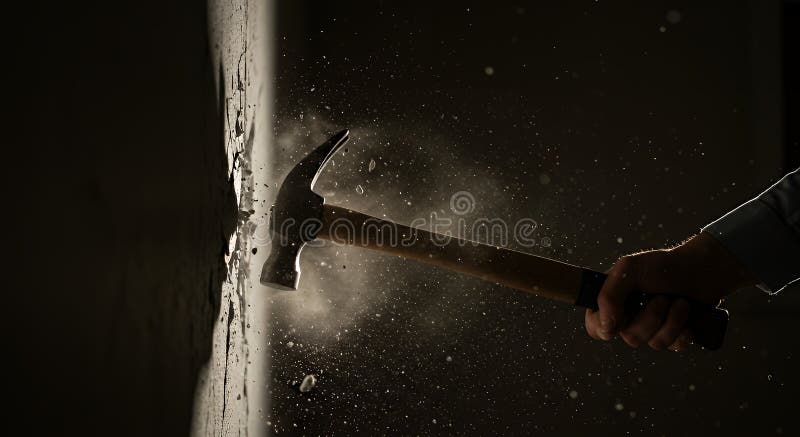 Hammer Smashing a Wall with Dust Particles Flying in Dynamic Shot Stock ...