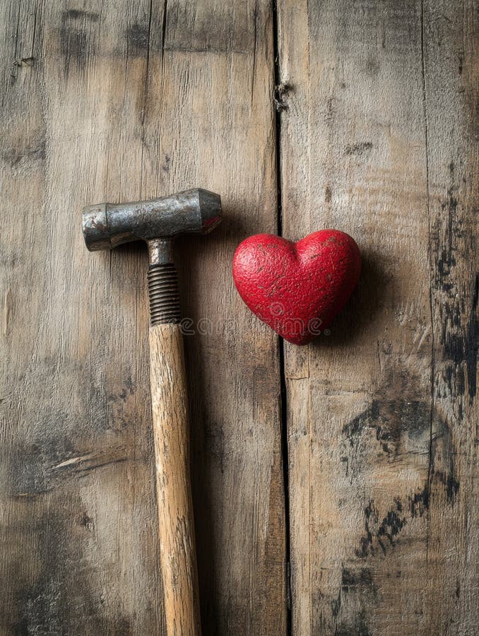 Hammer beside a Red Heart Shaped Stone on a Wooden Surface Creating a ...