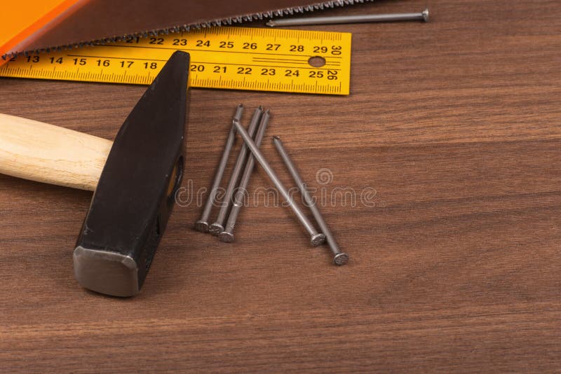 Hammer with Ruler and Documents on Table Stock Photo - Image of hammer ...