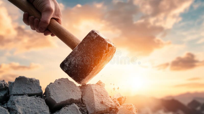 A Hammer Strikes a Stone in a Sunset Scene, Symbolizing Hard Work ...