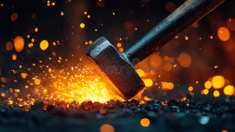 Hammer Striking Metal with Sparks and Glow in Forging Process Stock ...
