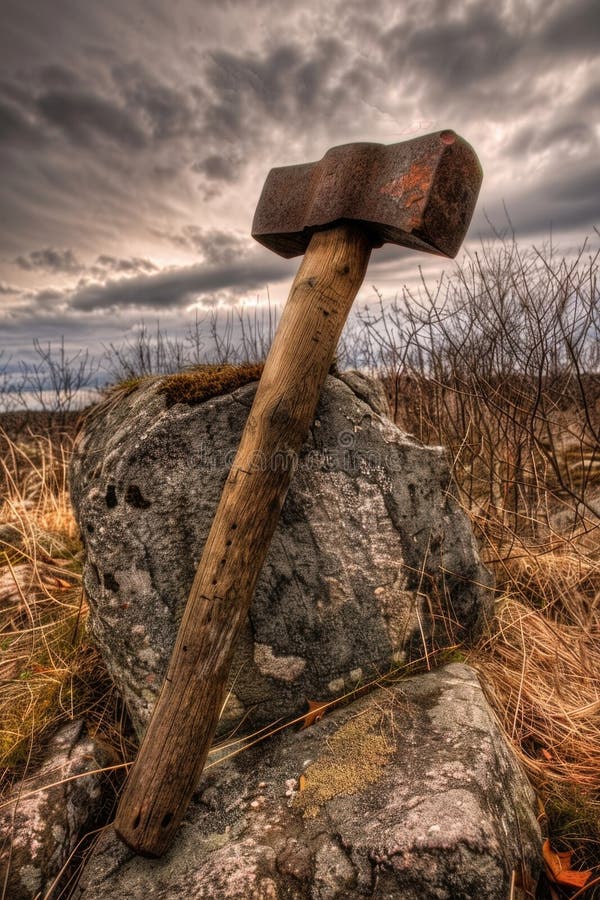 A Hammer Stuck in a Rock in a Field, Ideal for Construction and Nature ...